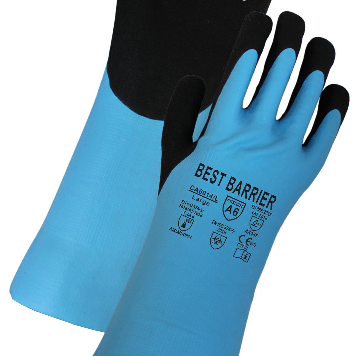 ANSI Cut A6, 14" Gauntlet, Fully Coated Blue Nitrile With Black Sandy ...